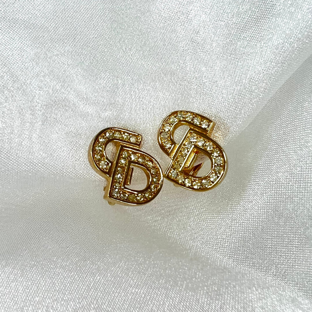 ChristianDior クリスチャンディオール ピアス イヤリング CDロゴ ゴールド ラインストーン pierced earrings ...
